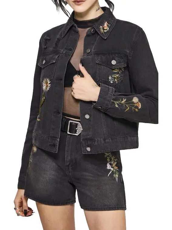 DISTURBIA Faela Fairy Embroidered Denim Jacket - Black