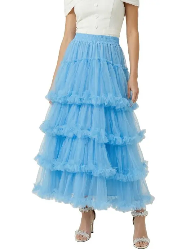 MODENAIRE Tiered Tulle Maxi Skirt - Light Blue