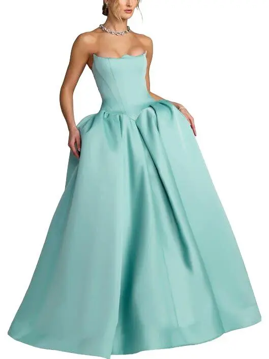 Mac Duggal Strapless Sweetheart Satin Ball Gown With Pockets - Seafoam