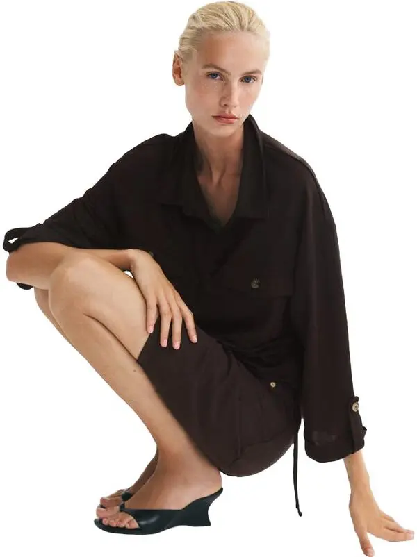 H&M Piqué Pullover Shirt With Dropped Shoulders And Chest Pockets - Dark Brown