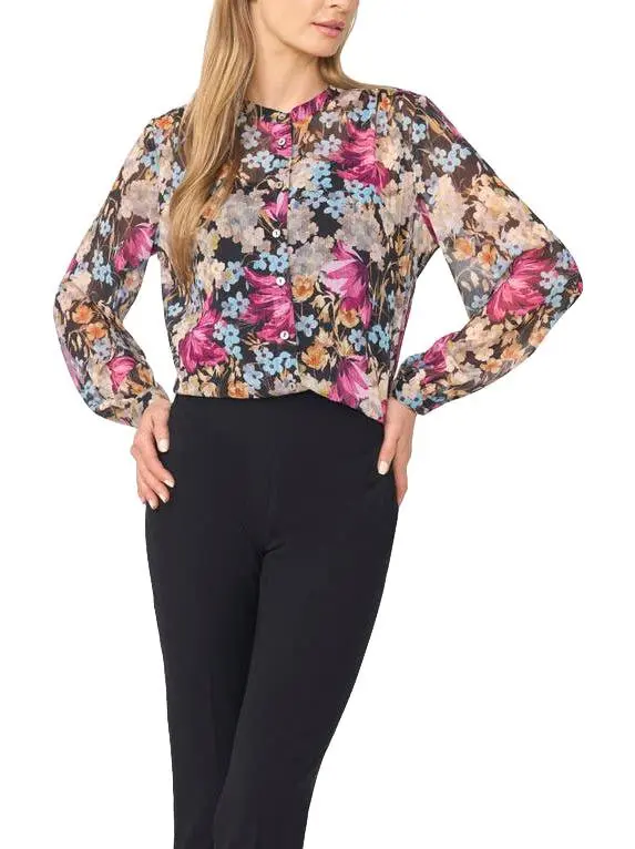 Halogen Mock Neck Shirred Button-down Shirt - Rich Black