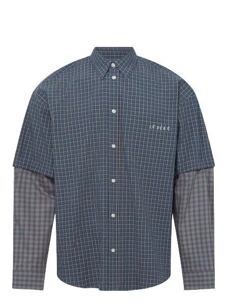 LE PERE Detached Sleeve Button Down Shirt - Blue Check
