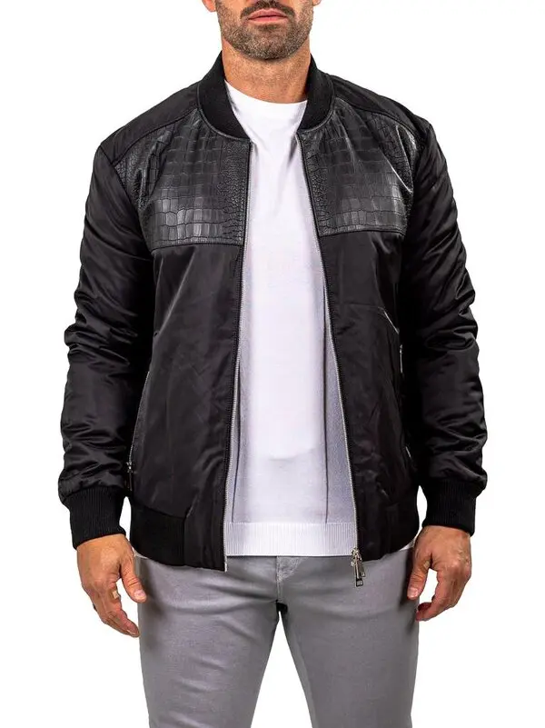 MACEOO Croc Embossed Leather Bomber Jacket - Black