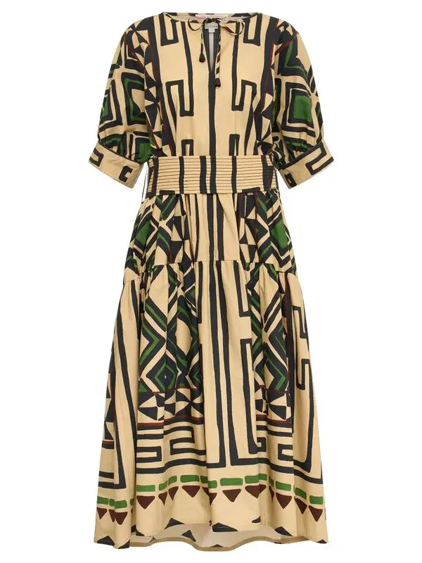 MAISON COMMON Printed Cotton Maxi Dress With Belt - Sand/black