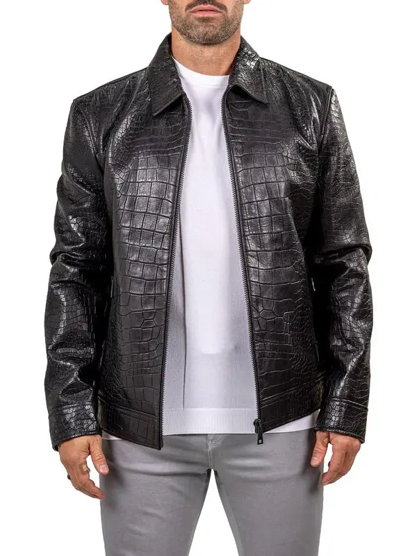 MACEOO Marthyr Croc Embossed Leather Jacket - Black