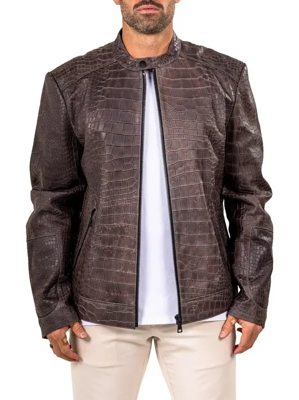 MACEOO Marthyr Croc Embossed Leather Jacket - Grey