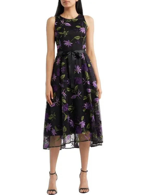 Tahari Embroidered Sleeveless Fit & Flare Dress - Black Grape