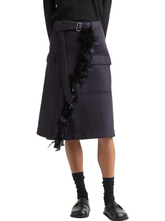 Plan C Feather-trimmed Belted Midi Skirt - Blue Black