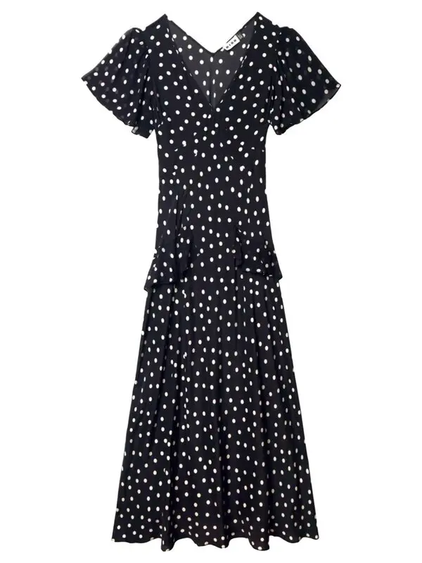 Rixo V-neck Polka Dot Midi Dress With Short Sleeves - Black