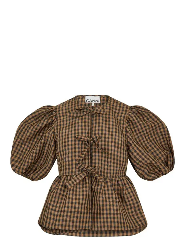 GANNI Checkered Puff Sleeve Blouse With Tie Detail - Brown