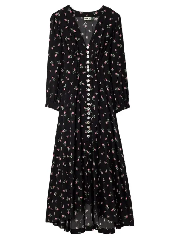 Rixo Floral Print V-neck Long Sleeve Maxi Dress - Black