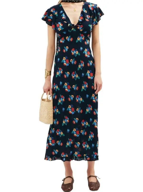 Rixo Floral Print V-neck Dress With Ruffles - Black
