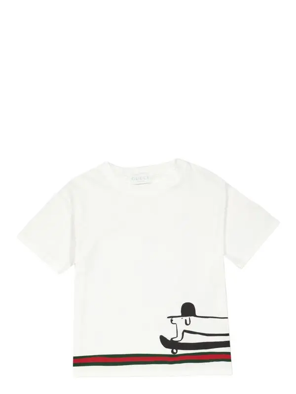 Gucci Crew Neck Short Sleeve T-shirt With Graphic Print And Stripes - White