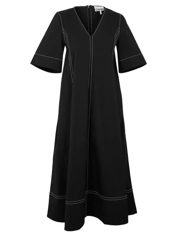 GANNI V-neck Short-sleeved Dress With Contrast Stitching - Black
