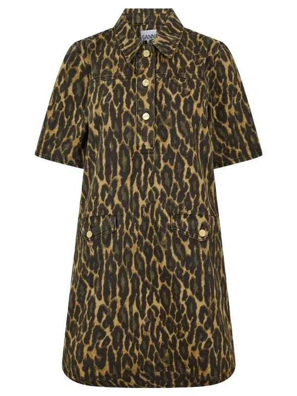 GANNI Leopard Print Denim Shirt Dress - Black