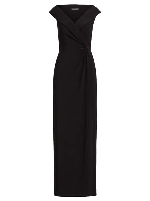 Ralph Lauren Off-the-shoulder V-neck Gown With Side Slits And Pleating - Black