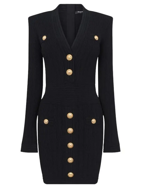 Balmain V-neck Ribbed Knit Dress With Button Detail - Black
