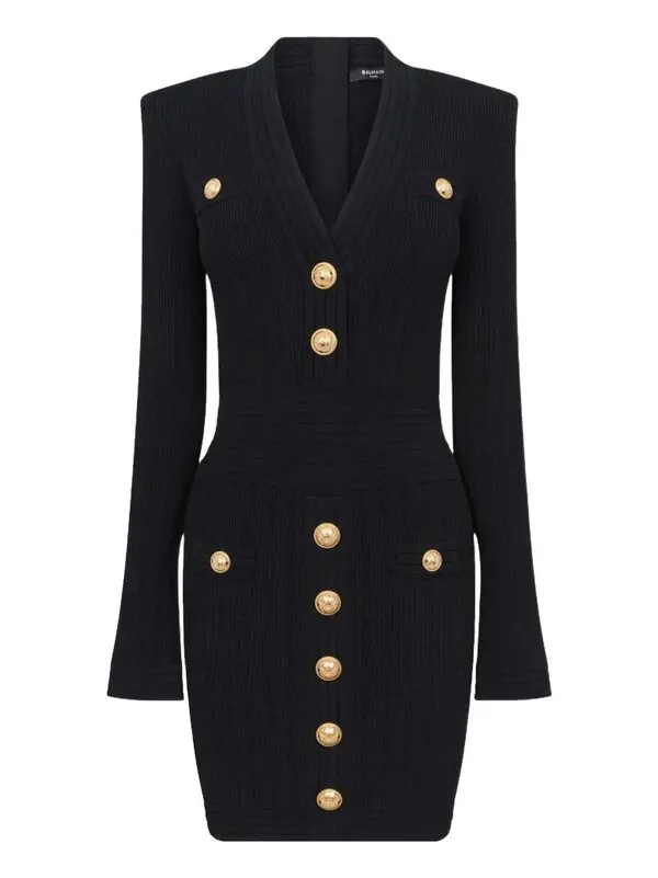 Balmain V-neck Ribbed Knit Dress With Button Detail - Black