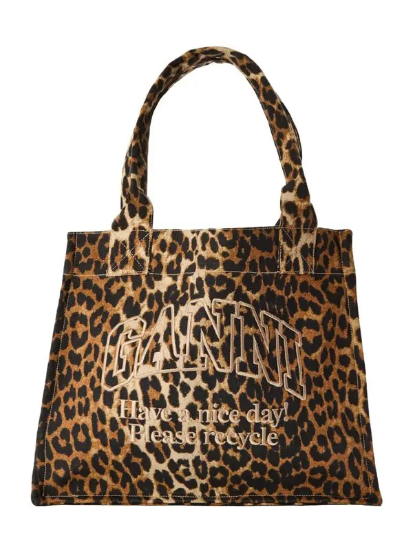 GANNI Leopard Print Tote Bag With Logo - Black