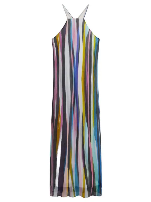 SELF-PORTRAIT Maxi Dress With Halterneck And Abstract Stripes - Gray