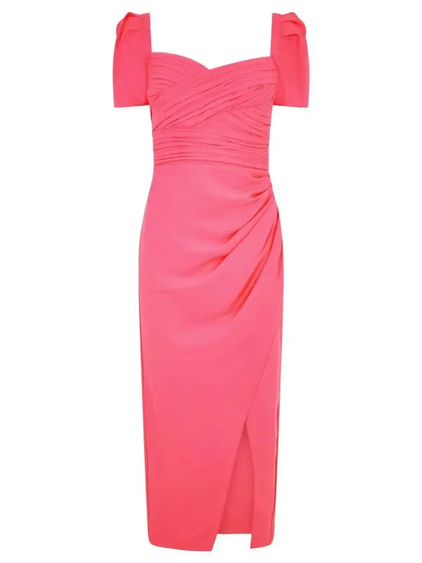 SELF-PORTRAIT Iris Midi Dress With Puff Sleeves And Pleated Details - Pink