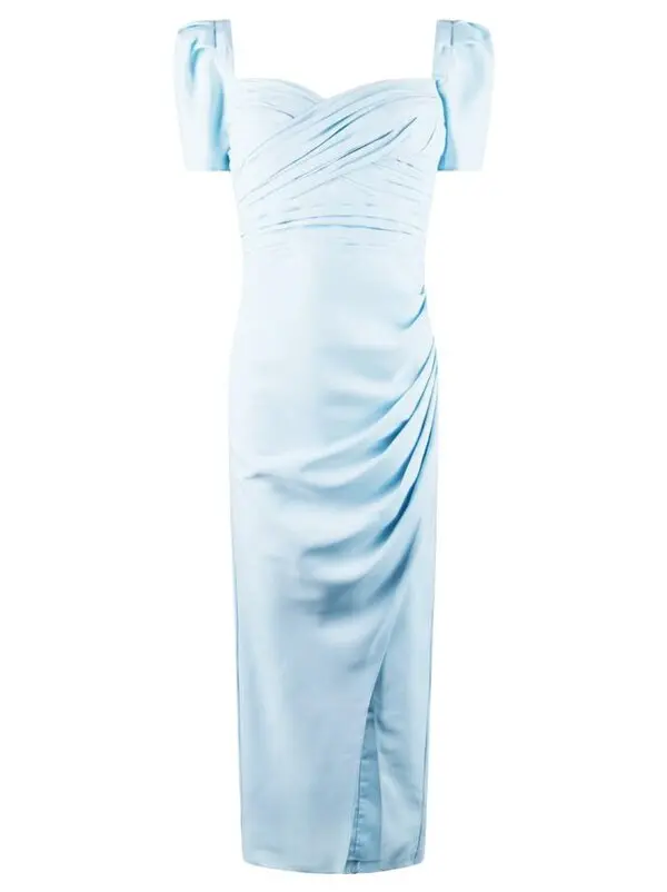 SELF-PORTRAIT Short Sleeve Midi Dress With Pleated Details - Blue