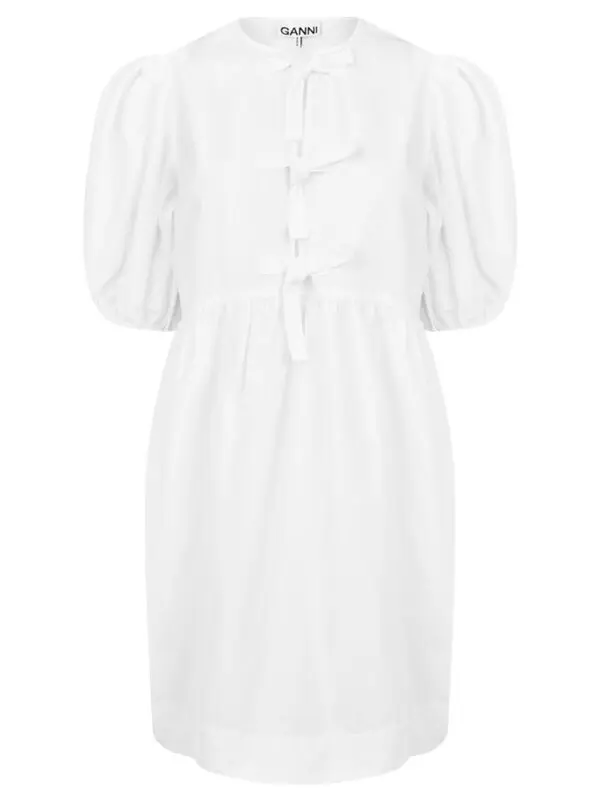 GANNI Short Sleeve Dress With Bow Detail - White