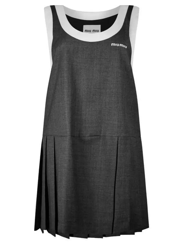 Miu Miu Logo Embroidered Pleated Mini Dress - Black