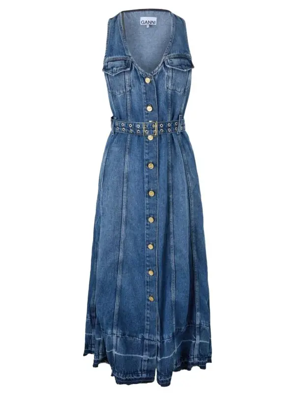 GANNI Denim V-neck Belted Maxi Dress - Blue