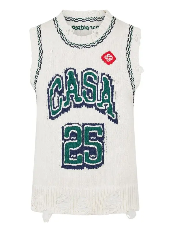 Casablanca Crew Neck Sleeveless Baseball Knit Jumper - White