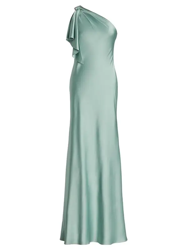 Ralph Lauren One-shoulder Satin Charmeuse Gown - Green