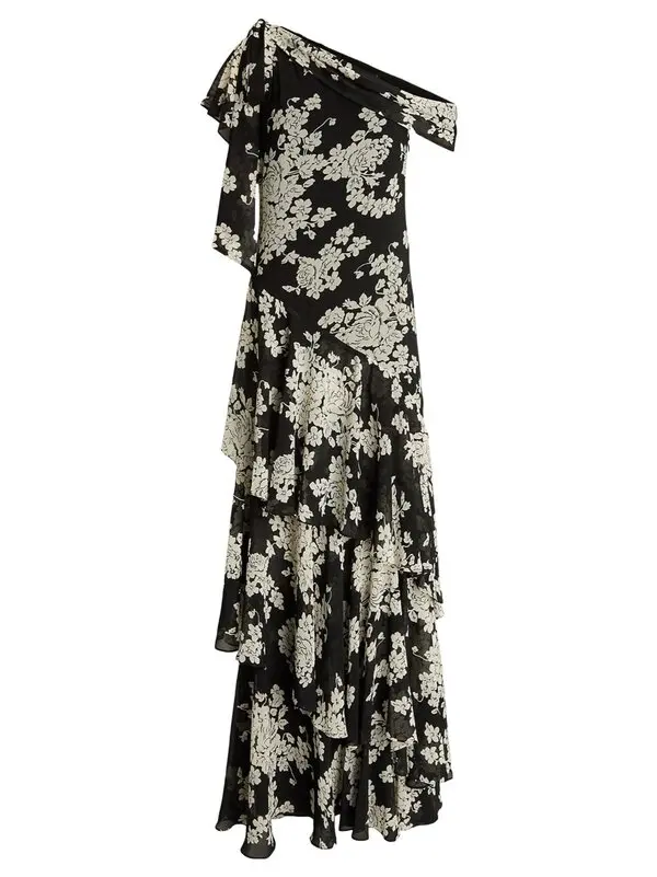 Ralph Lauren Floral Georgette One-shoulder Gown - Black