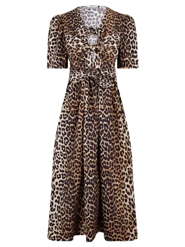 GANNI Leopard Print Belted Midi Tea Dress - Black