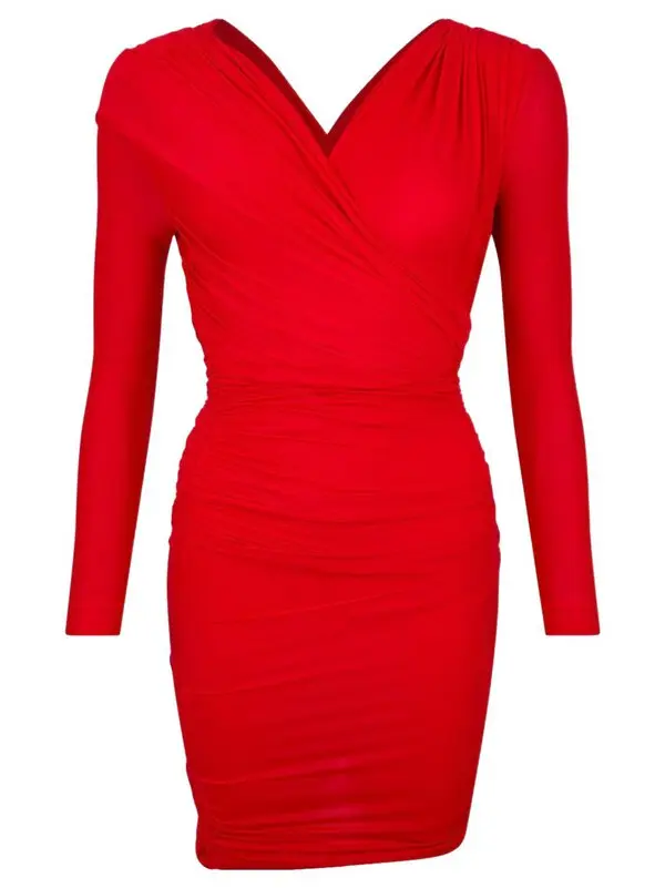 Balenciaga Draped V-neck Long Sleeve Dress - Red