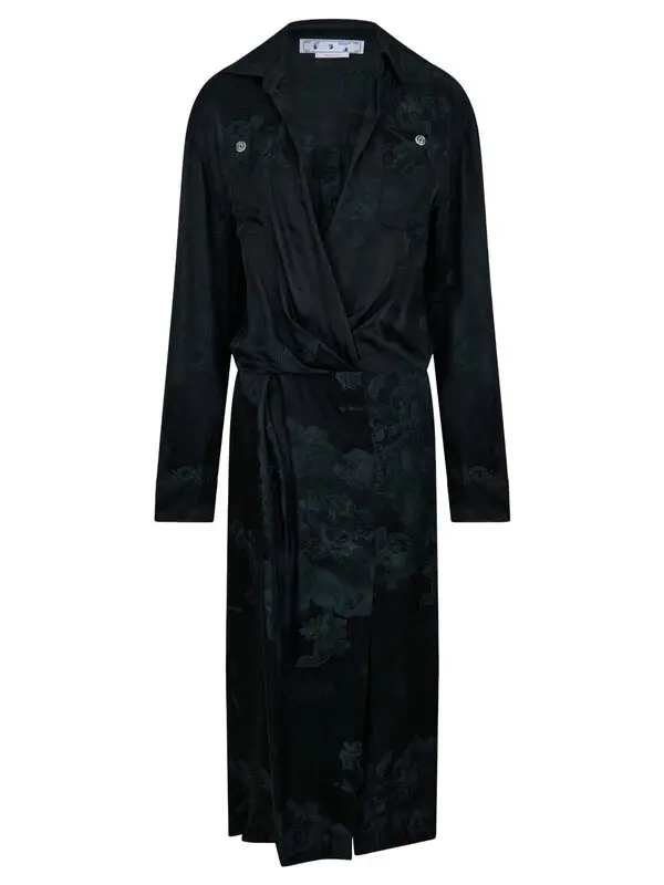 Off-White Satin Floral Jacquard Wrap Dress - Black