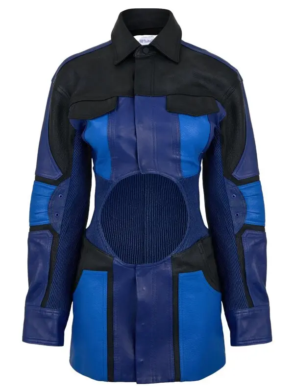 Off-White Faux Leather Paneled Cut-out Mini Dress - Blue