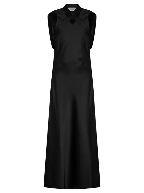 Off-White Maxi Dress In Glossy Satin With Stand Collar - Black