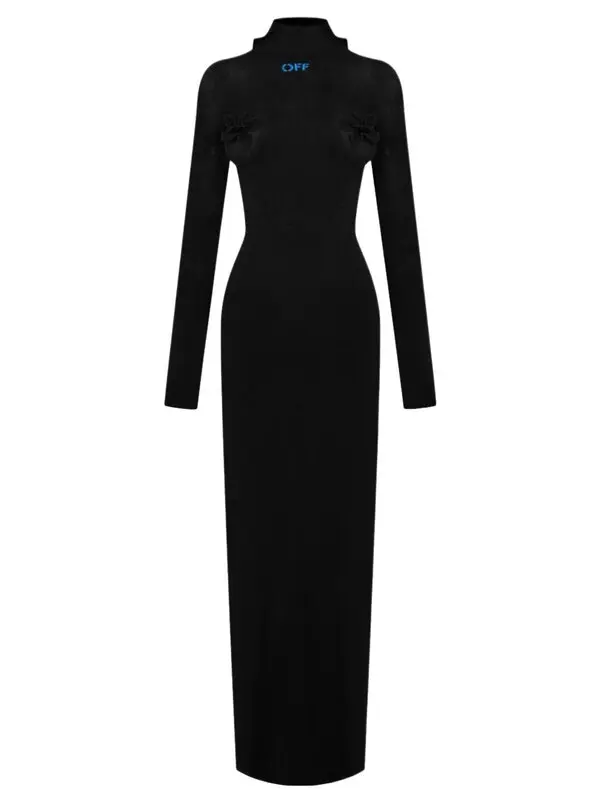 Off-White Embroidered Floral High Neck Maxi Dress - Black