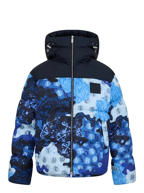 Off-White Tone Graffiti Print Hooded Down Jacket - Blue