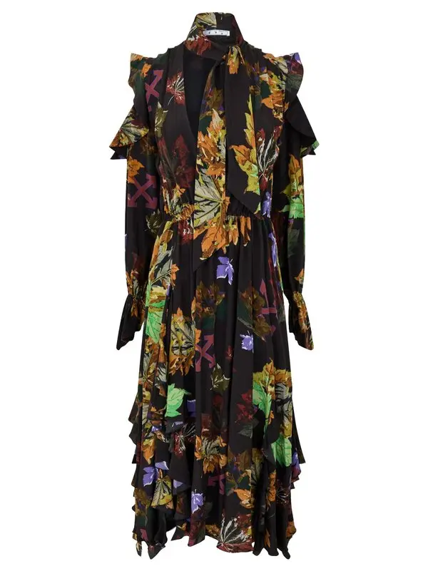 Off-White Floral Print Ruffled Dress - Black