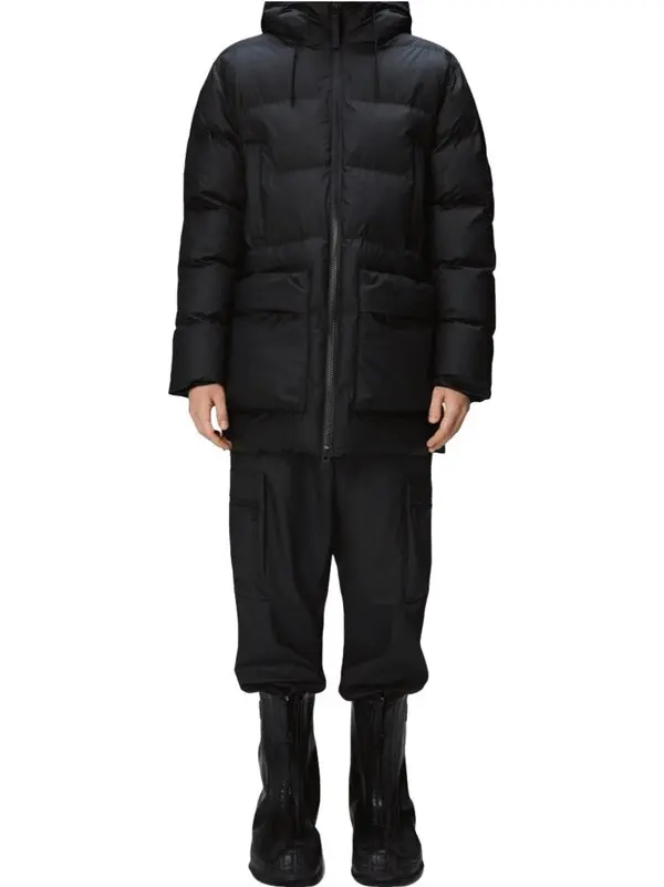 Rains Alta Long Puffer Cargo Jacket With Insulated Hood - Black