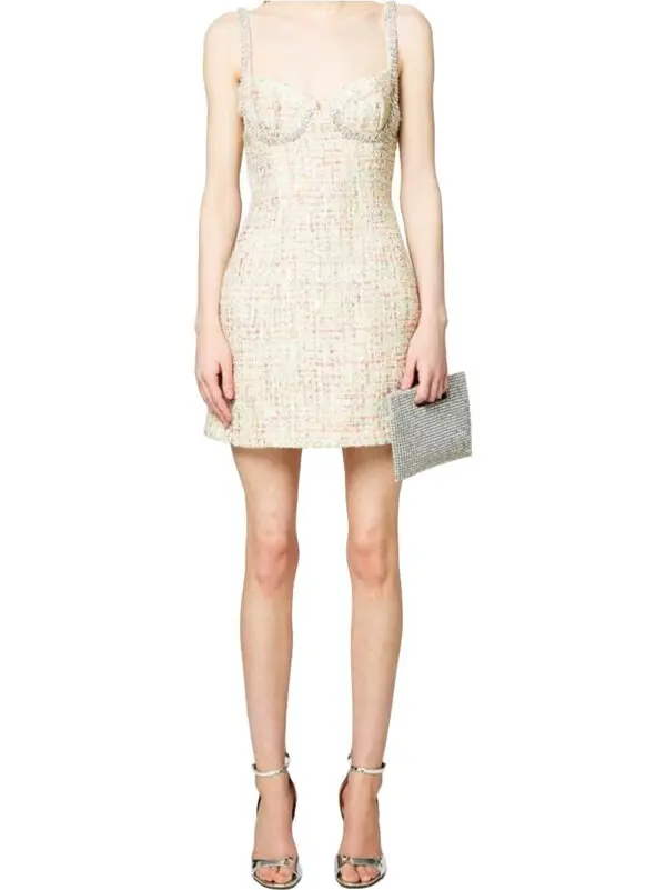 SELF-PORTRAIT Boucle Mini Dress With Sparkling Trim - Nude