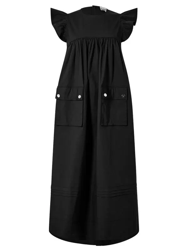GANNI Maxi Dress With Frill Sleeves And Patch Pockets - Black