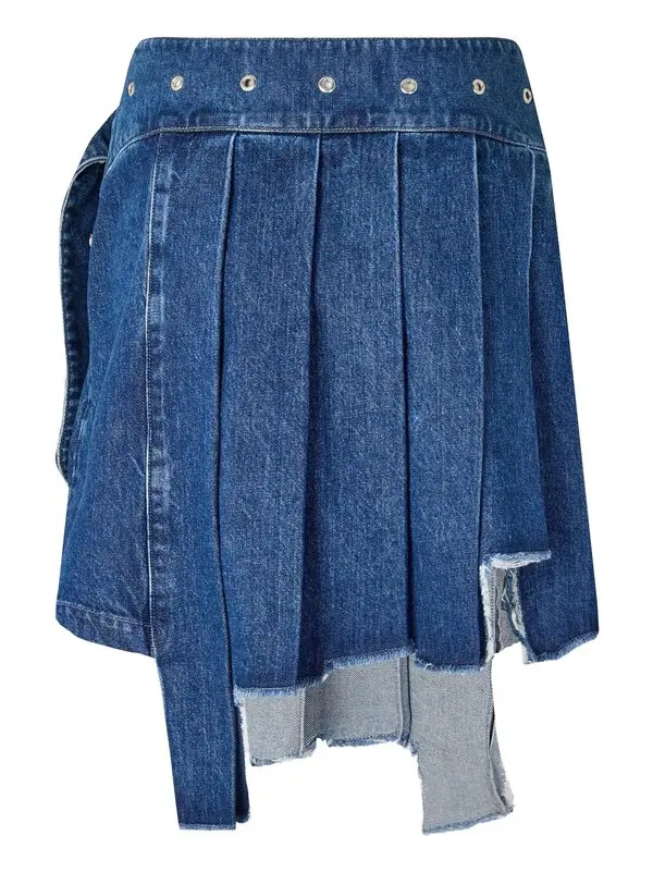Off-White Low Waist Pleated Denim Mini Skirt With Frayed Hem - Blue