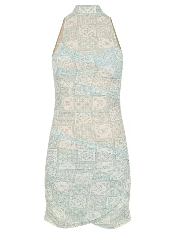 Off-White Halter-neck Mini Dress With Geometric Tile Print - White