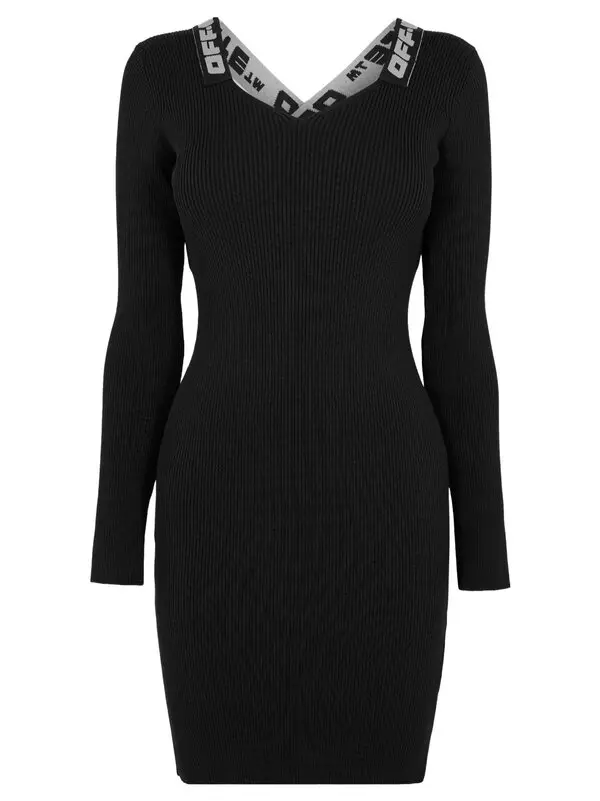 Off-White Long-sleeved Ribbed Mini Dress With Logo Detail - Black