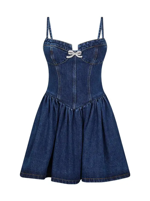 SELF-PORTRAIT Denim Mini Dress With Bow Detail - Blue