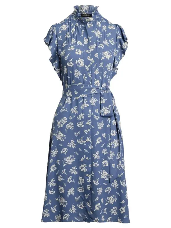 Ralph Lauren Floral Print Belted Dress With Ruffled Cuffs - Blue