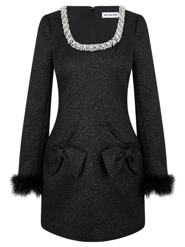 SELF-PORTRAIT Sequined Square Neck Long Sleeve Mini Dress With Fur Trim - Black