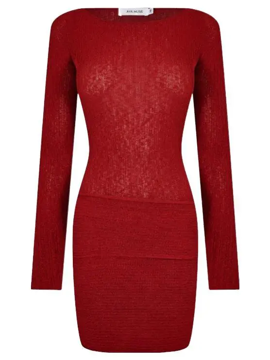 AYA MUSE Ribbed Knit Mini Dress With Boat Neck And Wrap Detail - Red